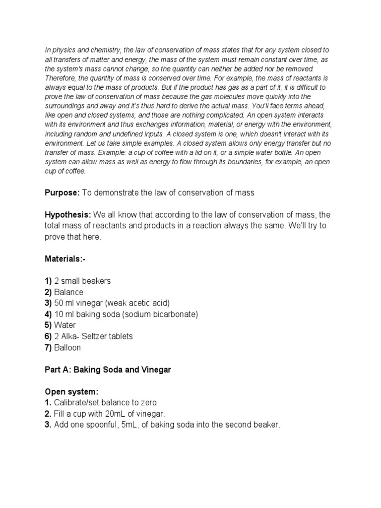 Conservation of Mass Lab Guide | PDF | Chemistry | Physical Sciences