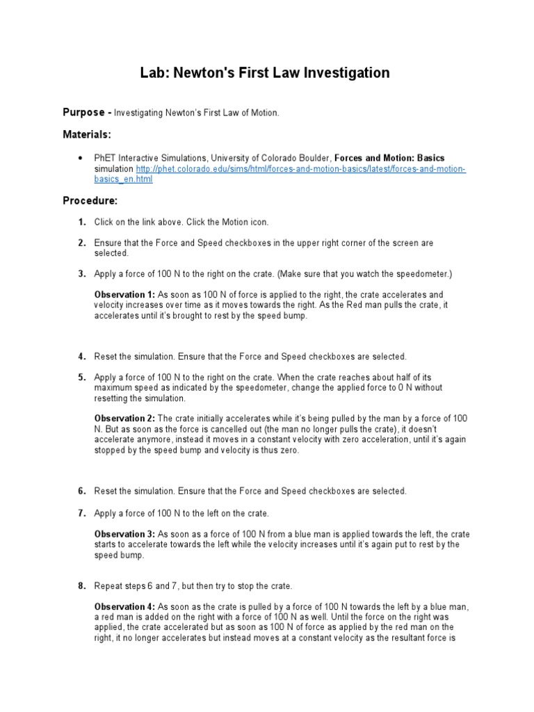 Newton's First Law Lab Investigation | PDF | Acceleration | Force