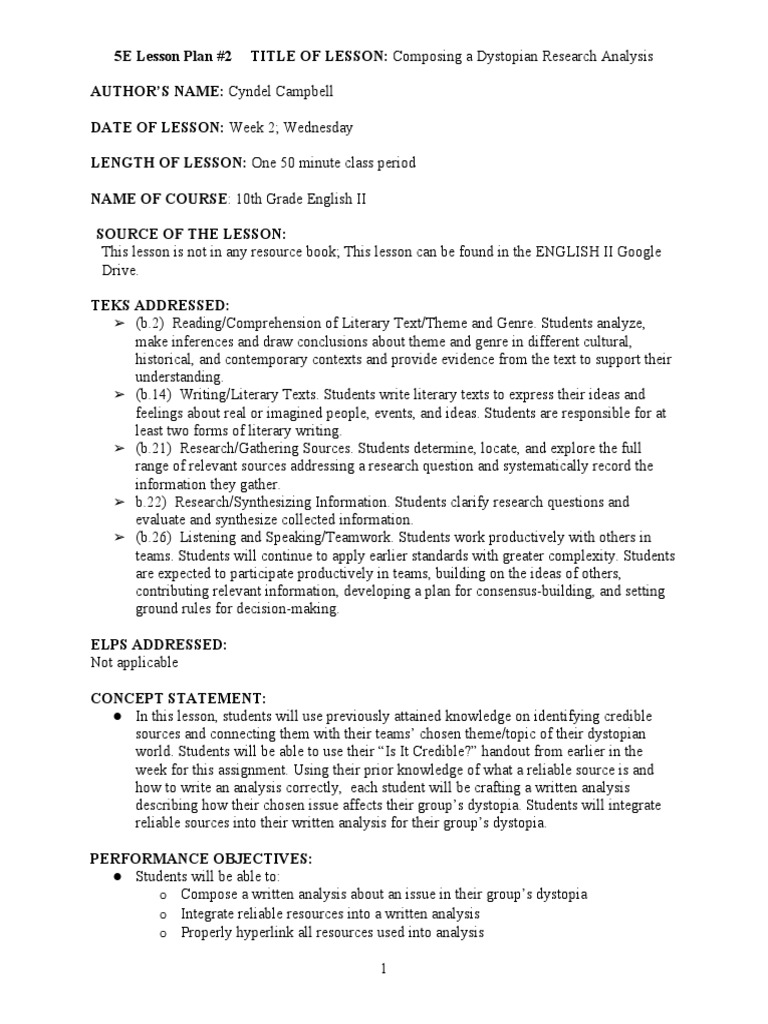 5E Lesson Plan #2 - C.campbell | PDF | Reading Comprehension ...