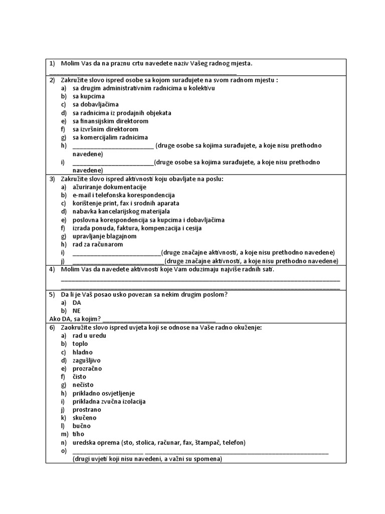 Prilog - 2 - Primjer - 2 - Upitnik Za Analizu Posla | PDF