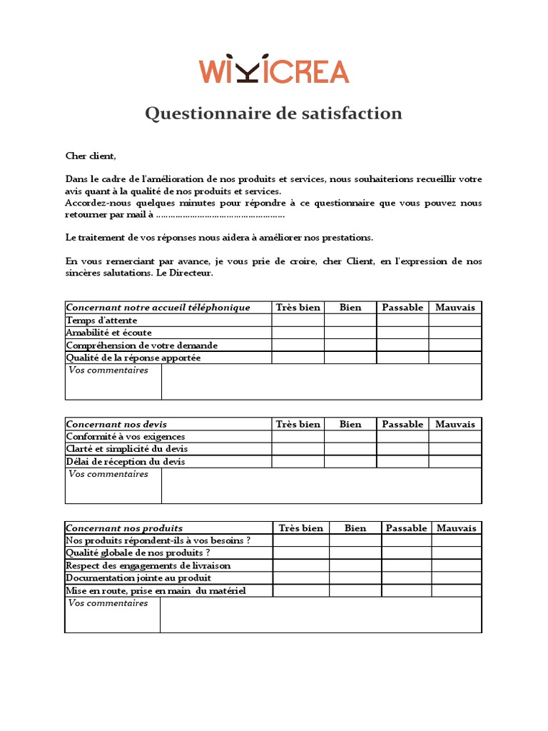 Modèle Exemple Questionnaire Satisfaction Word | PDF