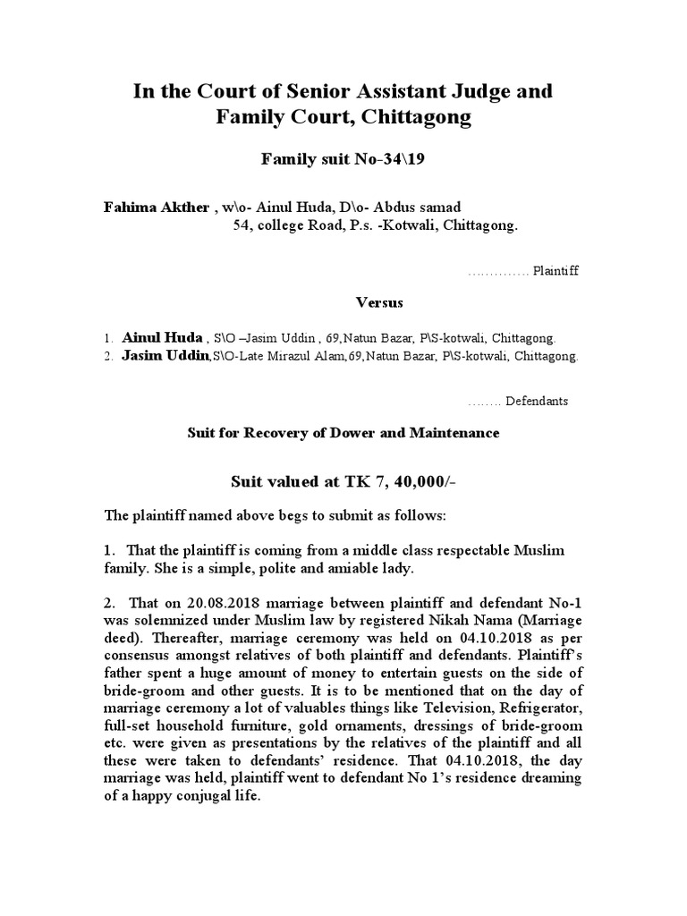 Plaint of Family Suit | Download Free PDF | Lawsuit | Marriage
