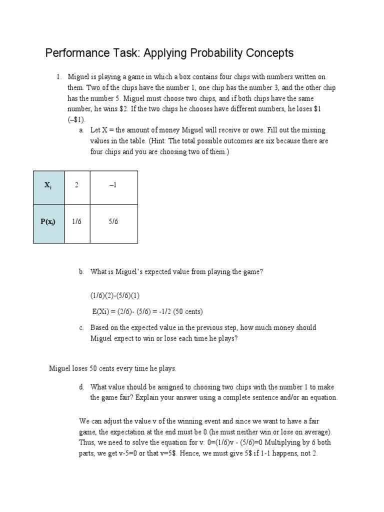 Performance Task: Applying Probability Concepts | PDF | Odds | Expected ...