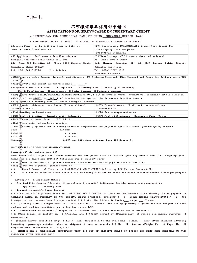 Irrevocable Documentary Credit Application | PDF | Cargo | Trade