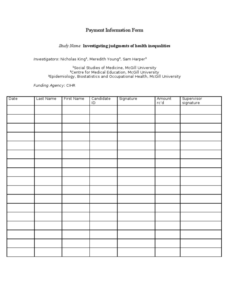 Payment Information Form For JHI Study | PDF