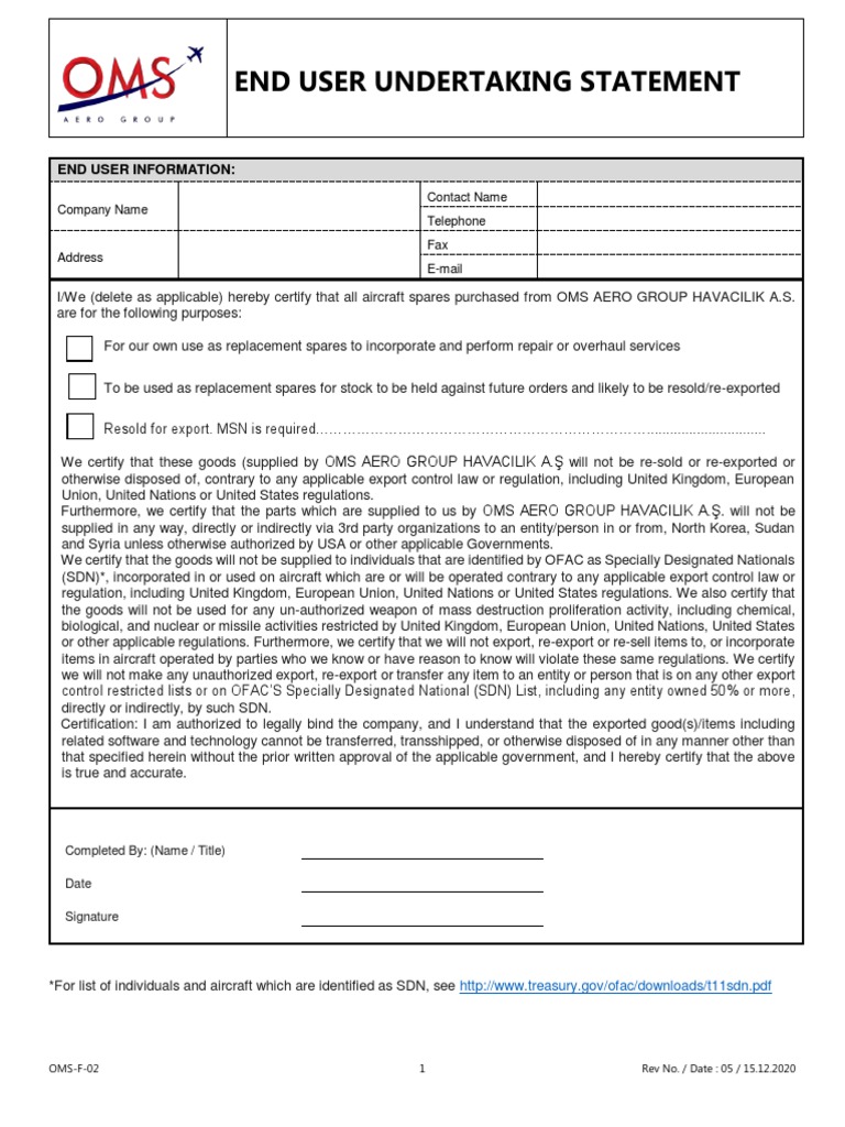 End User Undertaking: Certifying Compliance with Export Control ...