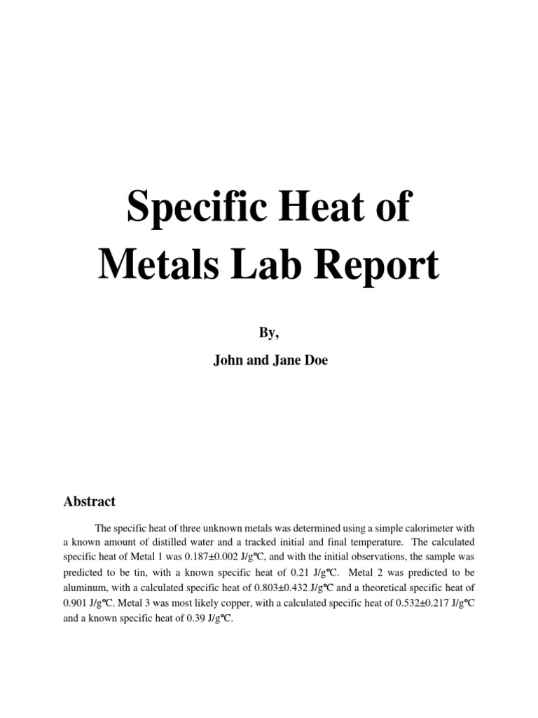 Specific Heat of Metals Lab Report: By, John and Jane Doe | PDF | Heat ...