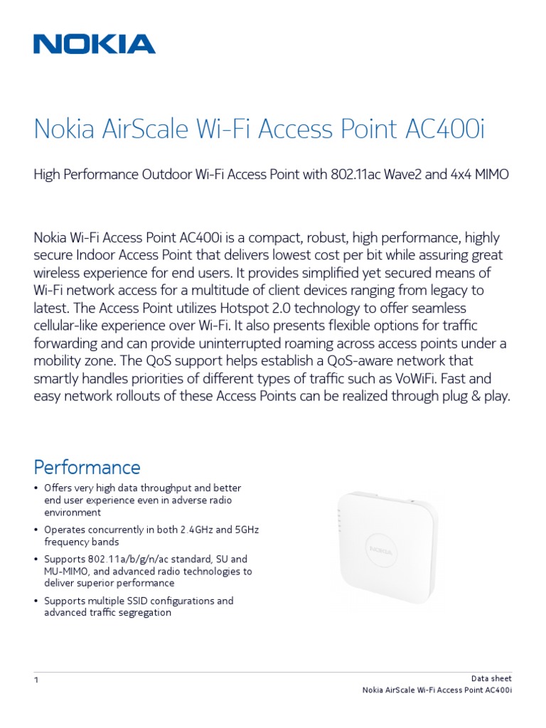 Nokia Airscale Wi-Fi Access Point Ac400I: Performance | PDF | Wi Fi ...