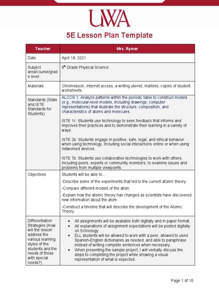 5E Lesson Plan Template: Teacher Mrs. Rymer | PDF | Lesson Plan | Atoms
