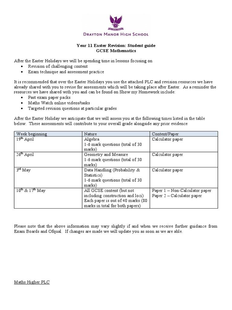 Year 11 Easter Revision: Student Guide GCSE Mathematics | PDF ...