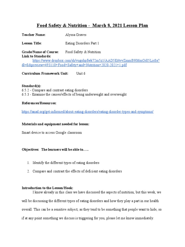 Lesson Plan Example 3 | PDF | Eating Disorder | Anorexia Nervosa
