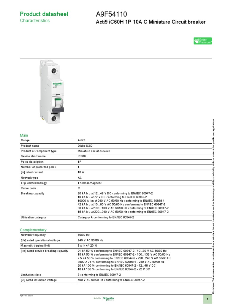 Acti9 iC60H Circuit Breaker Specs | PDF | Alternating Current | Electronics