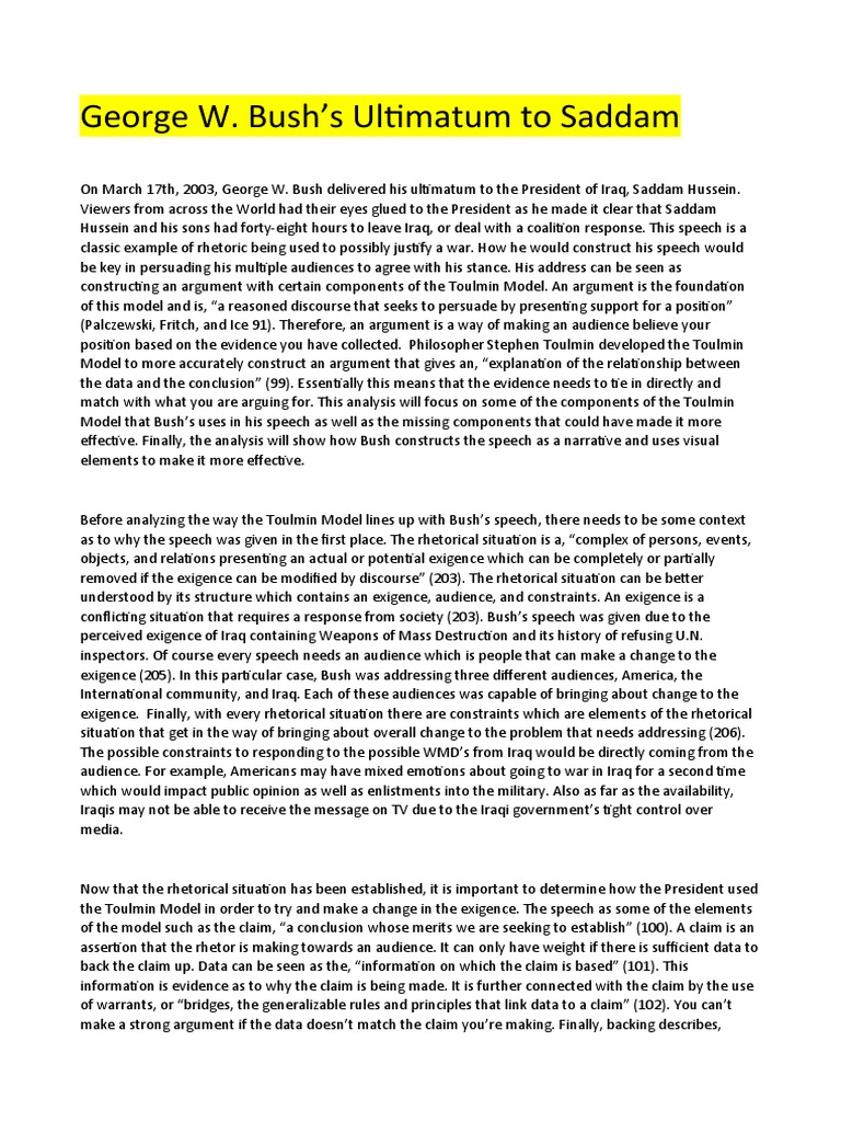 George W. Bush's Ultimatum To Saddam | PDF | Rhetoric | George W. Bush