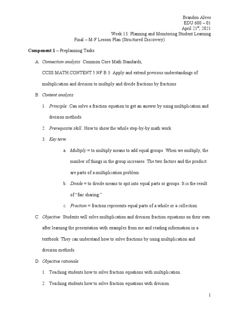 Final - M-F Lesson Plan Structured Discovery | PDF | Multiplication ...