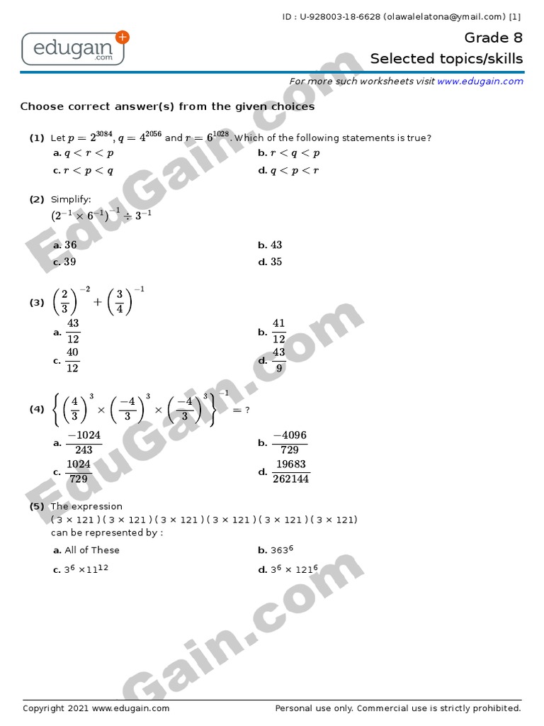 Grade 8 Laws of Indices Worksheet | PDF | Teaching Mathematics