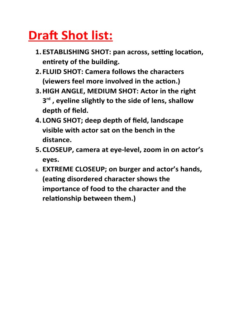 Draft Shotlist | PDF