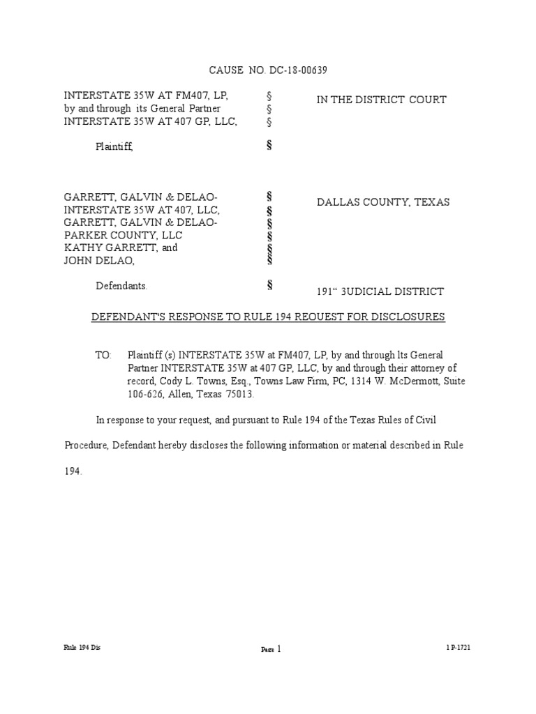 Rule 194 Dis Closures 1 P-1721 V | PDF | Discovery (Law) | Lawsuit