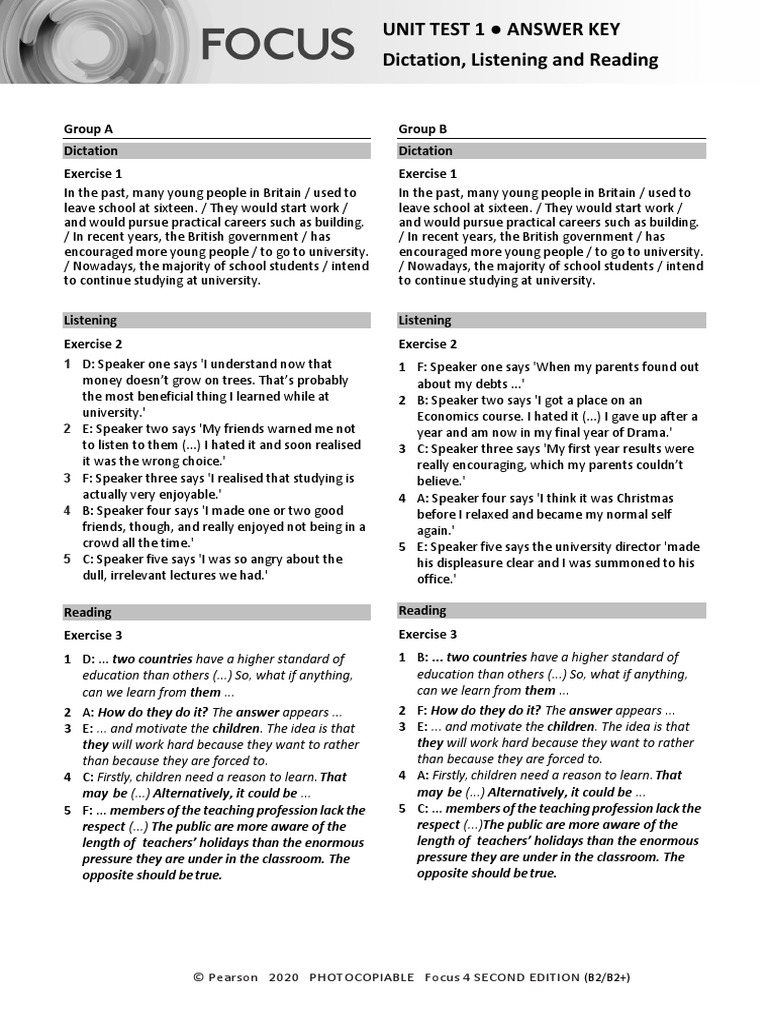 Focus4 2E Unit Test Dictation Listening Reading Unit1 GroupA B ANSWERS ...