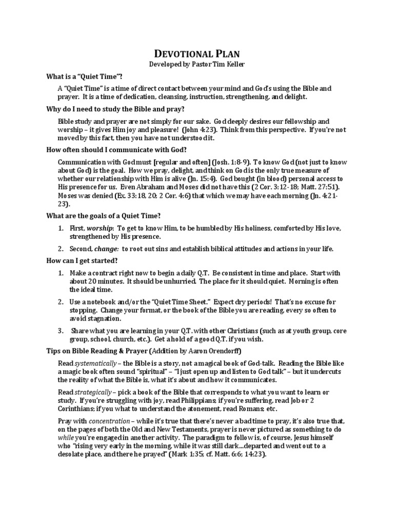 Devotional Plan - Developed by Pastor Tim Keller PDF | PDF | Confession ...