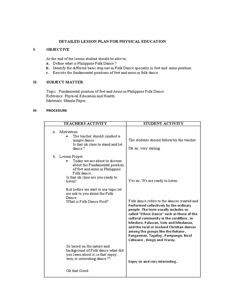 Detailed Lesson Plan For Physical Educat | PDF | Dances | Philippines