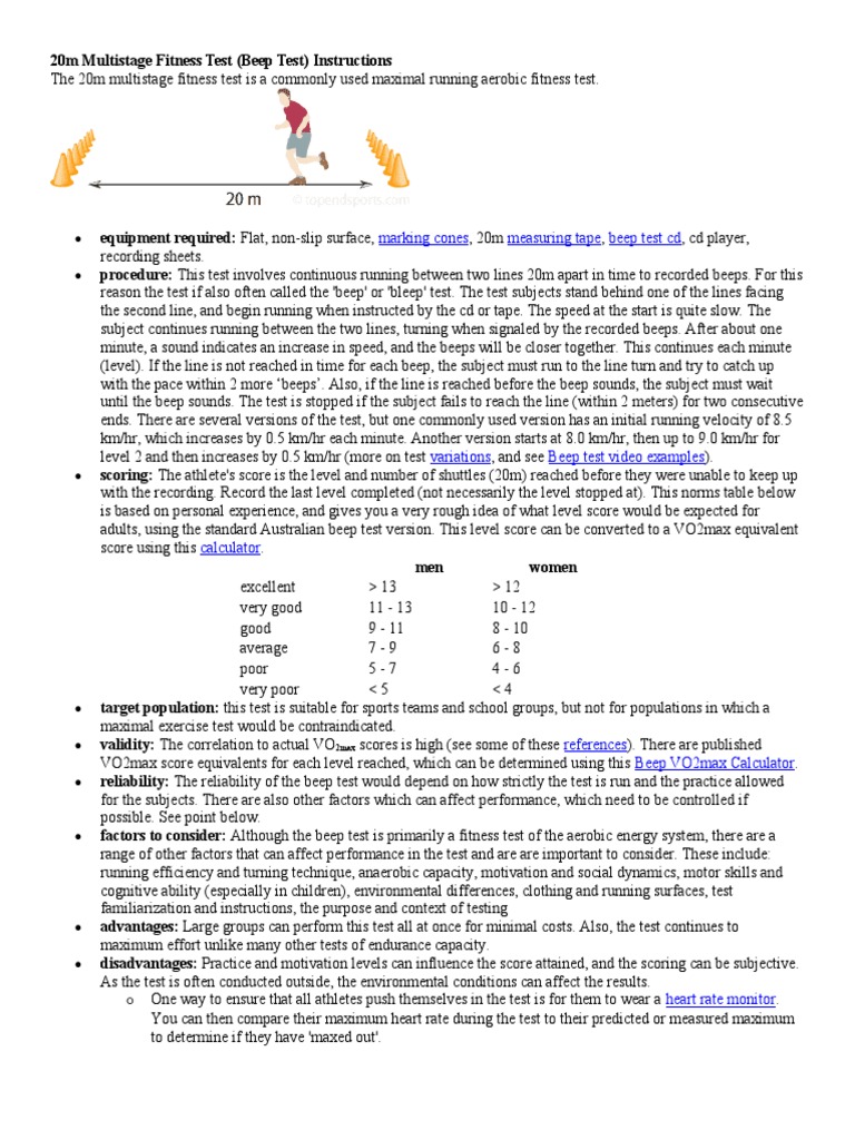 20m Multistage Fitness Test (Beep Test) | PDF | Nature