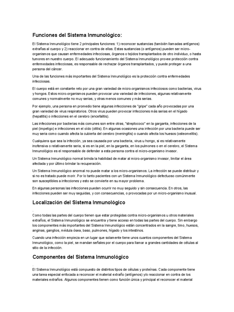 Funciones Del Sistema Inmunológico | Descargar gratis PDF | Sistema inmune | Linfocitos