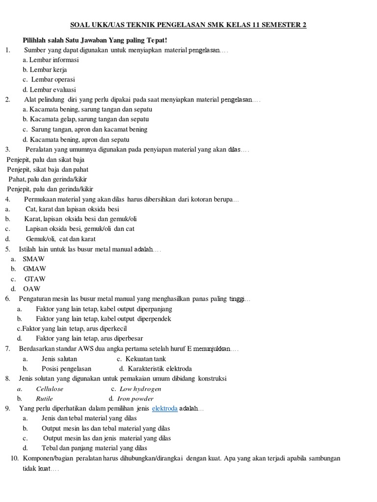 Soal Ukk Uas Teknik Pengelasan SMK Kelas 11 Semester 2 | PDF | Griya & Taman