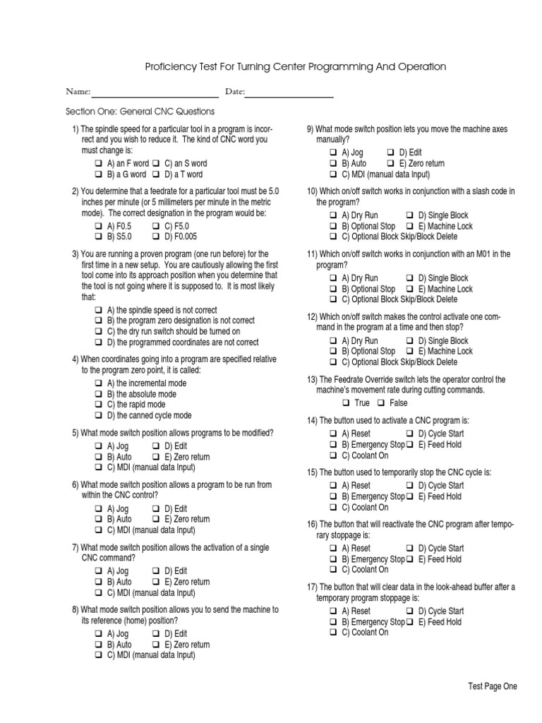 Proficiency Test For Turning Center Programming And Operation Pdf