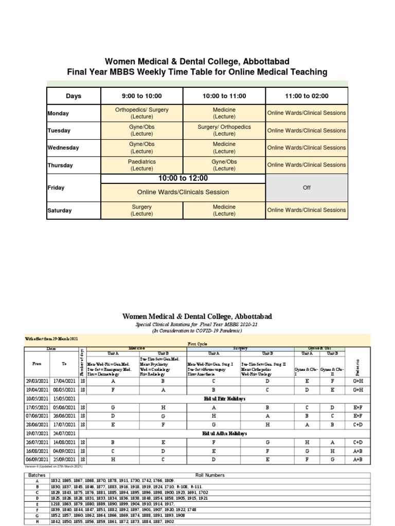 Final Year MBBS Timetable (Online Classes) 2020-21 | PDF | Medical ...