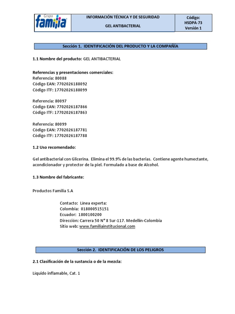 Ficha-De-Seguridad GEL ANTIBACTERIAL | PDF | Residuos | Agua