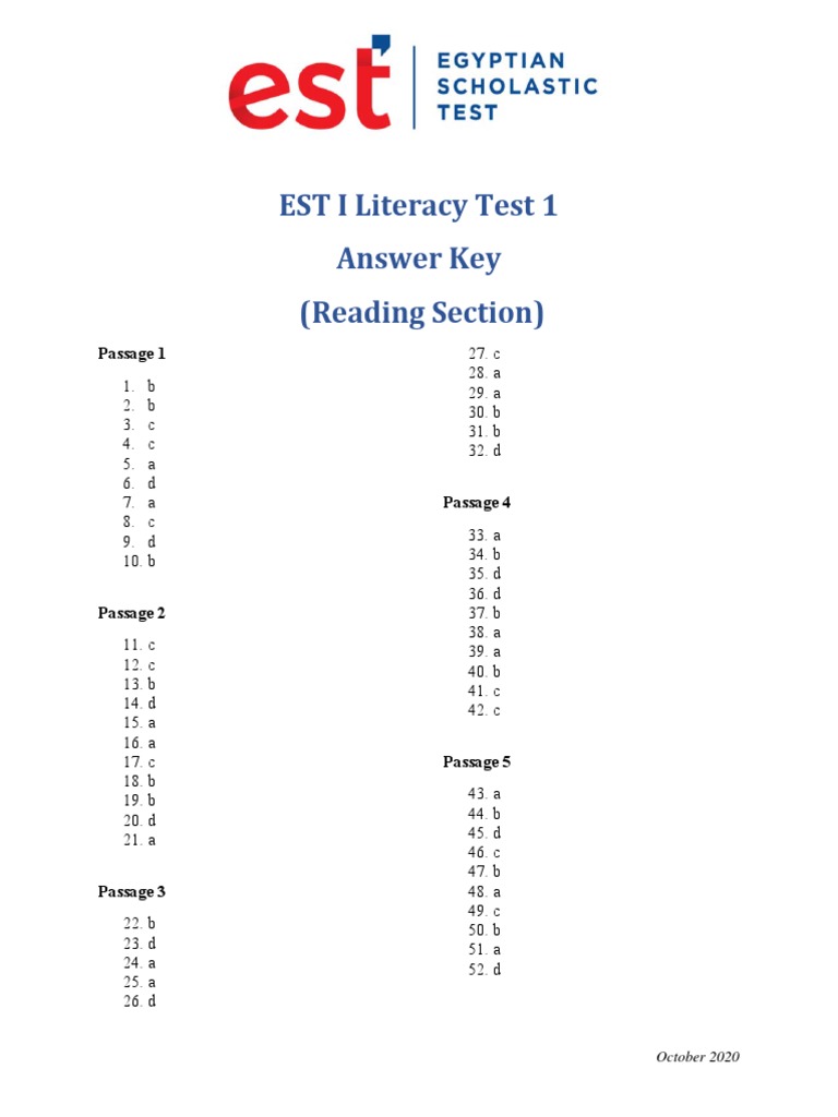 EST I Literacy Test II - Answer Key - Reading Section | PDF
