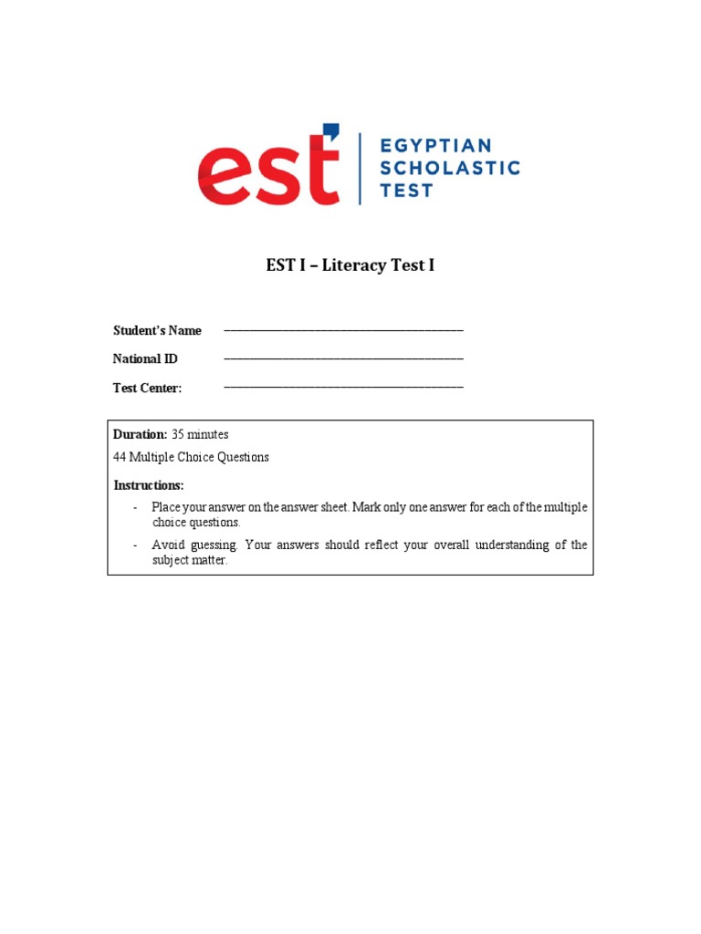 EST I - Literacy Test I - December 2020 | PDF | Question | Rock (Geology)
