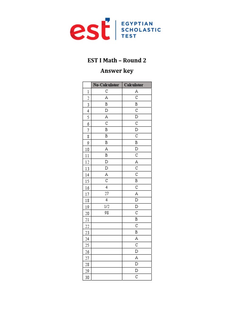 EST I - Math - Answer Key - December 2020 | PDF