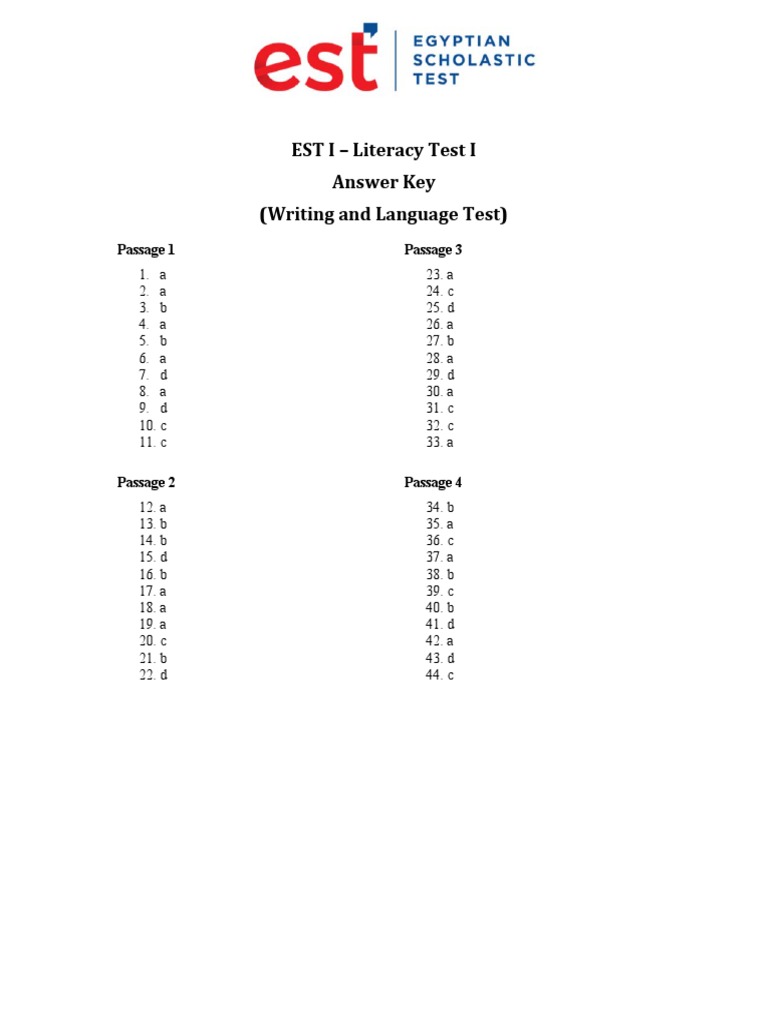 EST I Literacy Test I - Answer Key - December 2020 | PDF