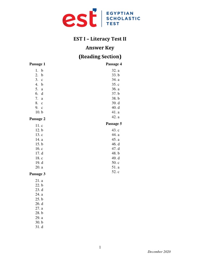 EST I Literacy Test II - Answer Key - December 2020 | PDF