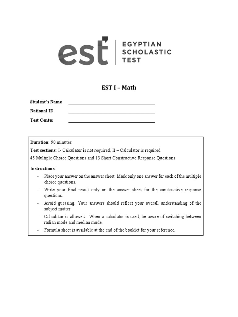 EST 1 - Math | PDF | Sine | Trigonometric Functions