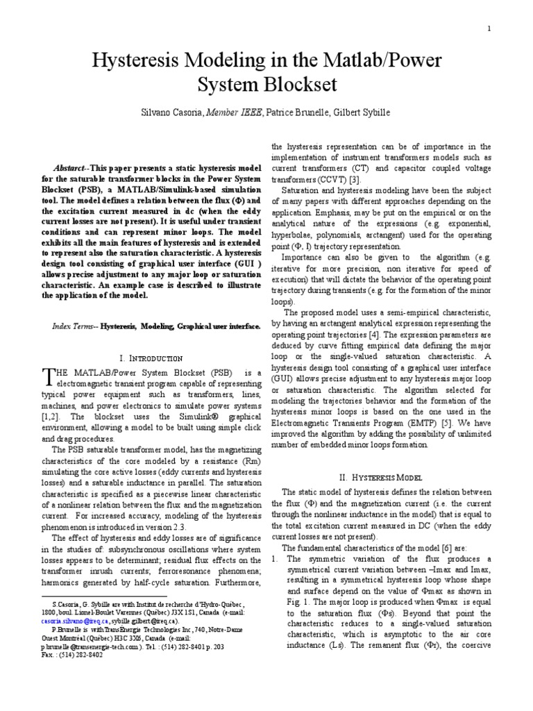 Hysteresis Modeling in The Matlab/Power System Blockset: Silvano ...