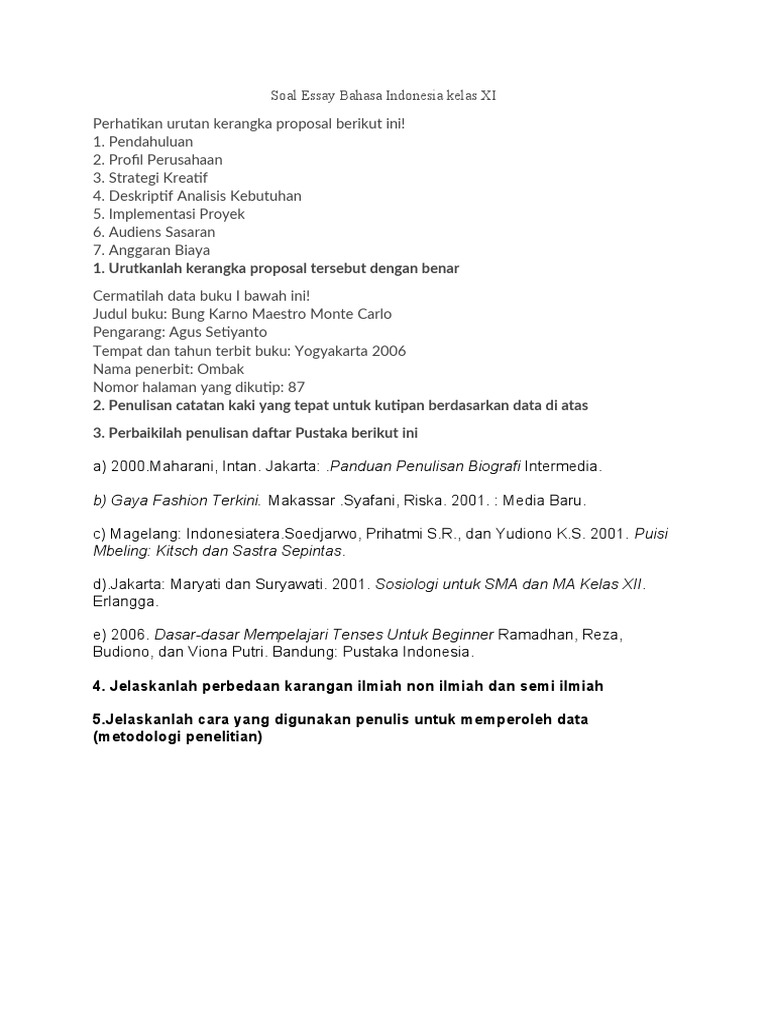 Soal Essay Bahasa Indonesia Kelas Xi Pdf