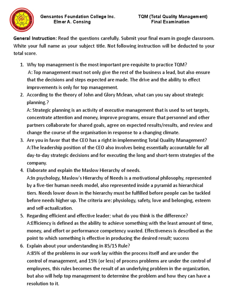 Abendan GFI Final Exam TQM | PDF | Quality Management | Business
