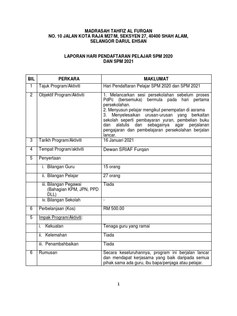 Laporan Program Pendaftaran Pelajar SPM 2020 2021 | PDF