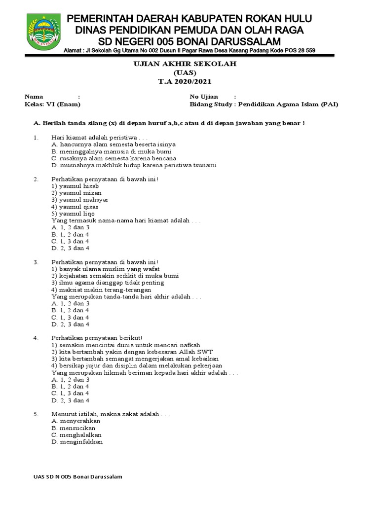 Soal Uas Pa Islam 2020-2021 | PDF | Olahraga & Rekreasi