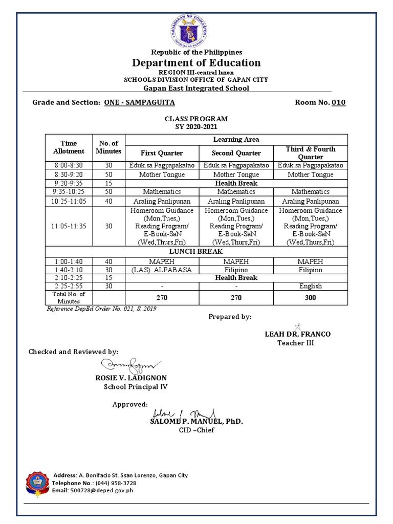 FINAL Class Program New Normal GRADE ONE | PDF | Educational ...