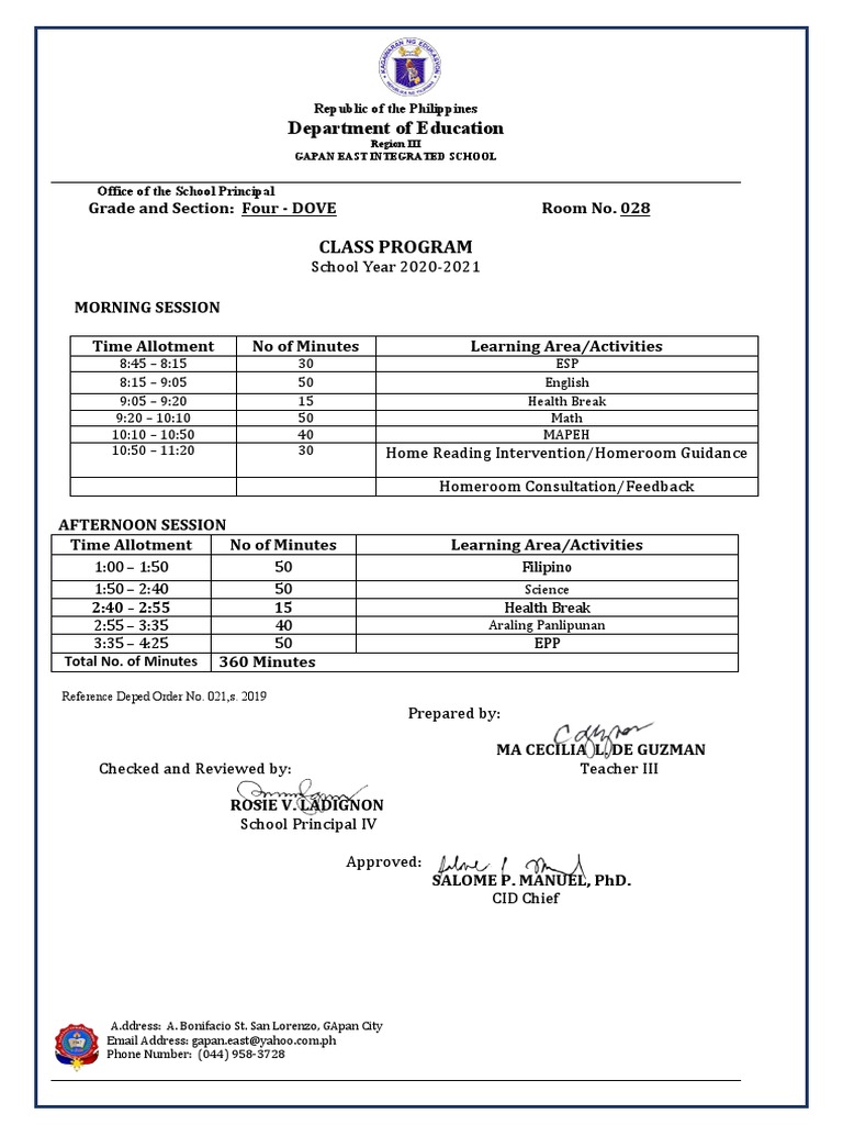 FINAL GRADE 4 Class Program New Normal 20 21 | PDF | Schools | Social ...