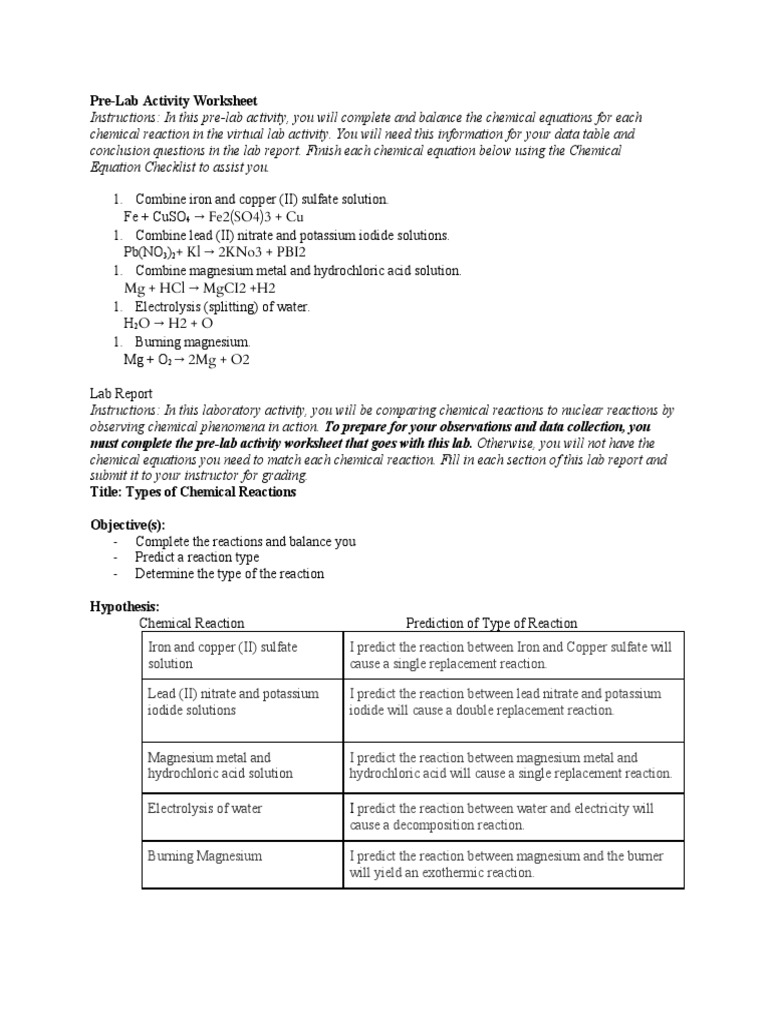 Pre-Lab Activity Worksheet | PDF | Chemical Reactions | Magnesium