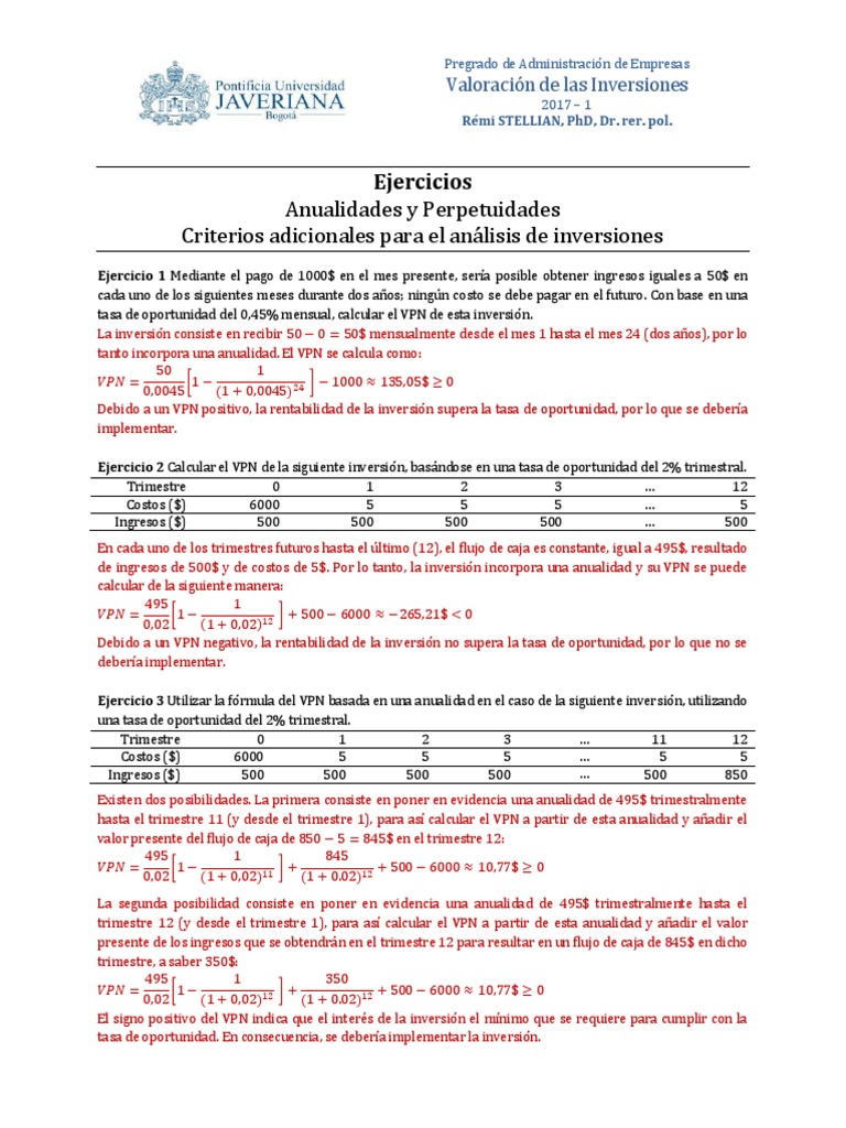 VI 1710 Soluciones Ejercicios 3 | PDF | Flujo de efectivo | Inversiones