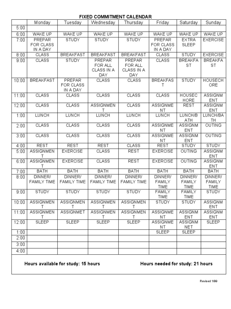 Fixed Commitment Calendar | PDF | Language Arts & Discipline