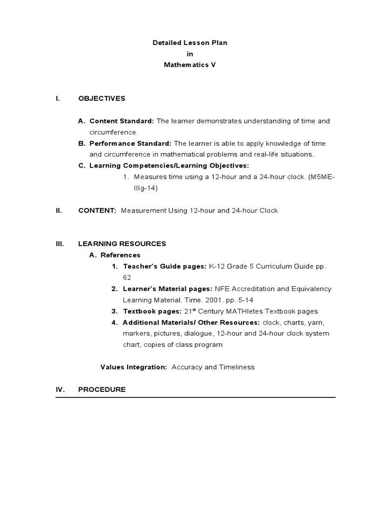 Detailed Lesson Plan in Math V Measurement Using 12 Hour and 24 Hour ...