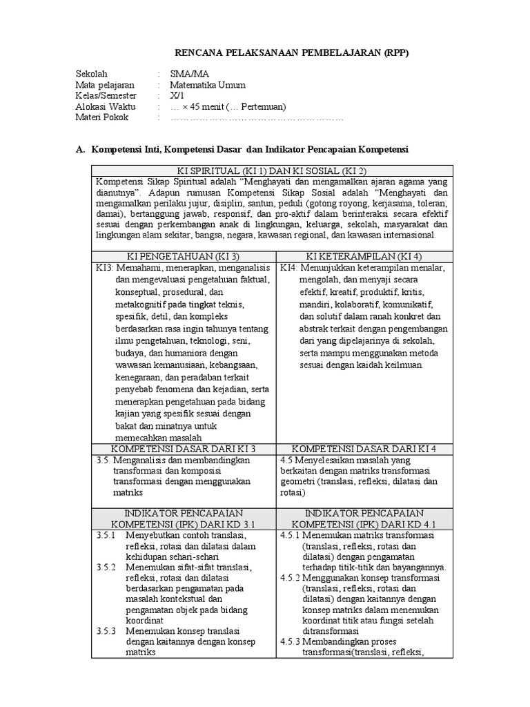 RPP KD 3 5 Wajib Transformasi Geometri | PDF