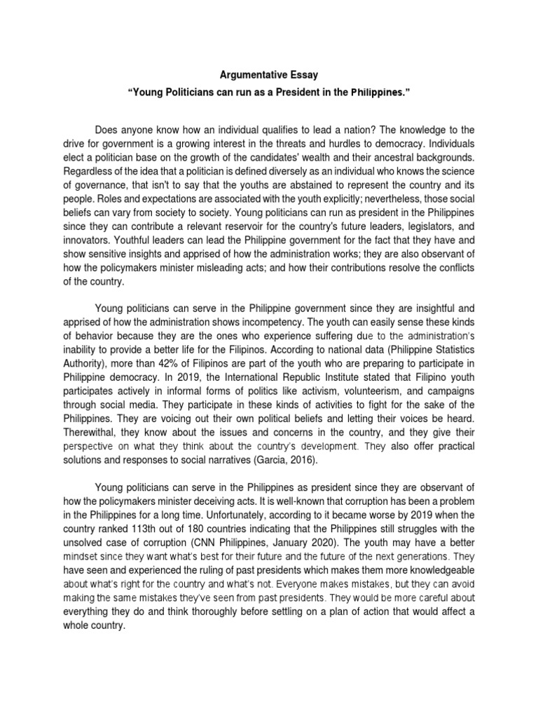 Argumentative Essay "Young Politicians Can Run As A President in The ...