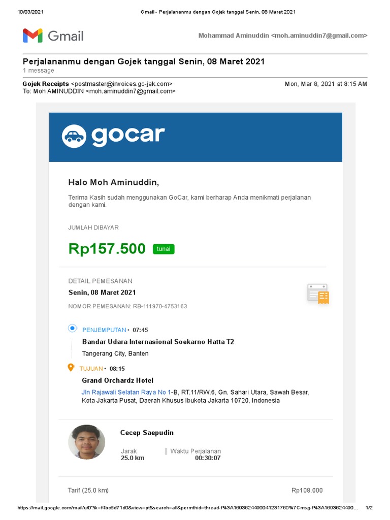 Struk Pembayaran GoCar 8 Maret 2021 | PDF